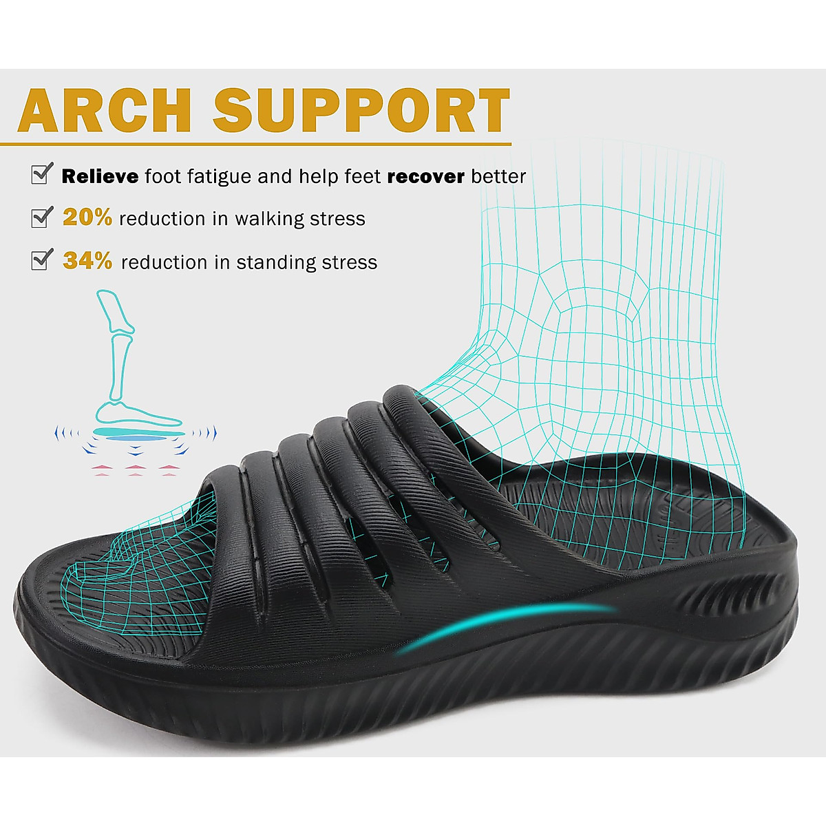 KuaiLu Womens Recovery Sandals Comfortable Plantar Fasciitis Arch Support Ladies Orthopedic Running Sport Slides Open Toe Slip On Thick Athletic Cushion Slippers Summer Pool Beach Sandles Black 10