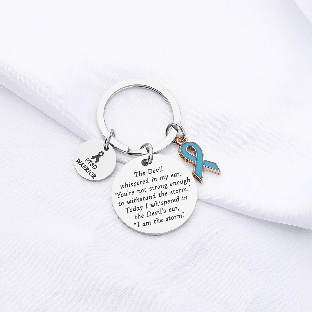 FUSTMW PTSD Keychain Gifts PTSD Awareness Teal Ribbon Gifts PTSD WARRIOR I Am The Storm PTSD Awareness Jewelry Survivor Gifts (silver)