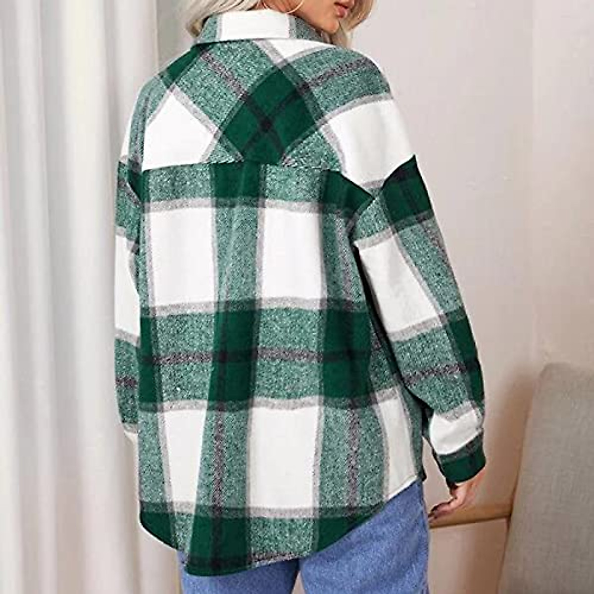 TIFZHADIAO Womens Button Down Wool Blend Coat 2022 Fall Plaid Shacket Casual Lapel Brushed Jackets Outwear with Pockets