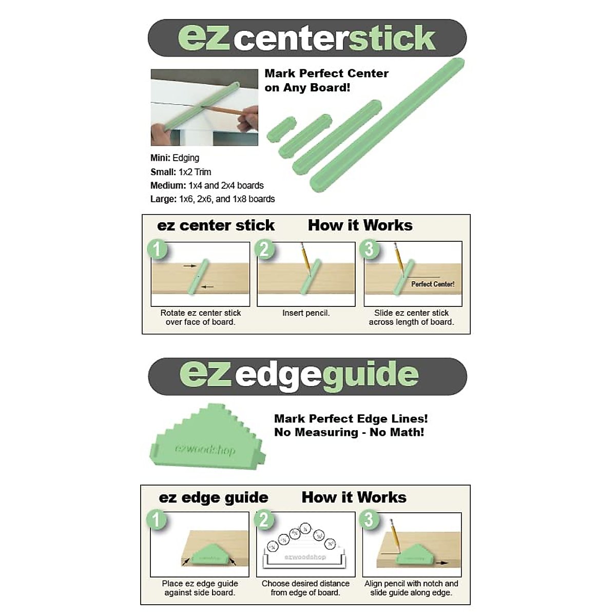EZ Center Finder | Scriber Tool for Woodworking | Find and Mark Exact Center on Any Size Board | 4-Piece Set Includes Bonus Edge Guide.