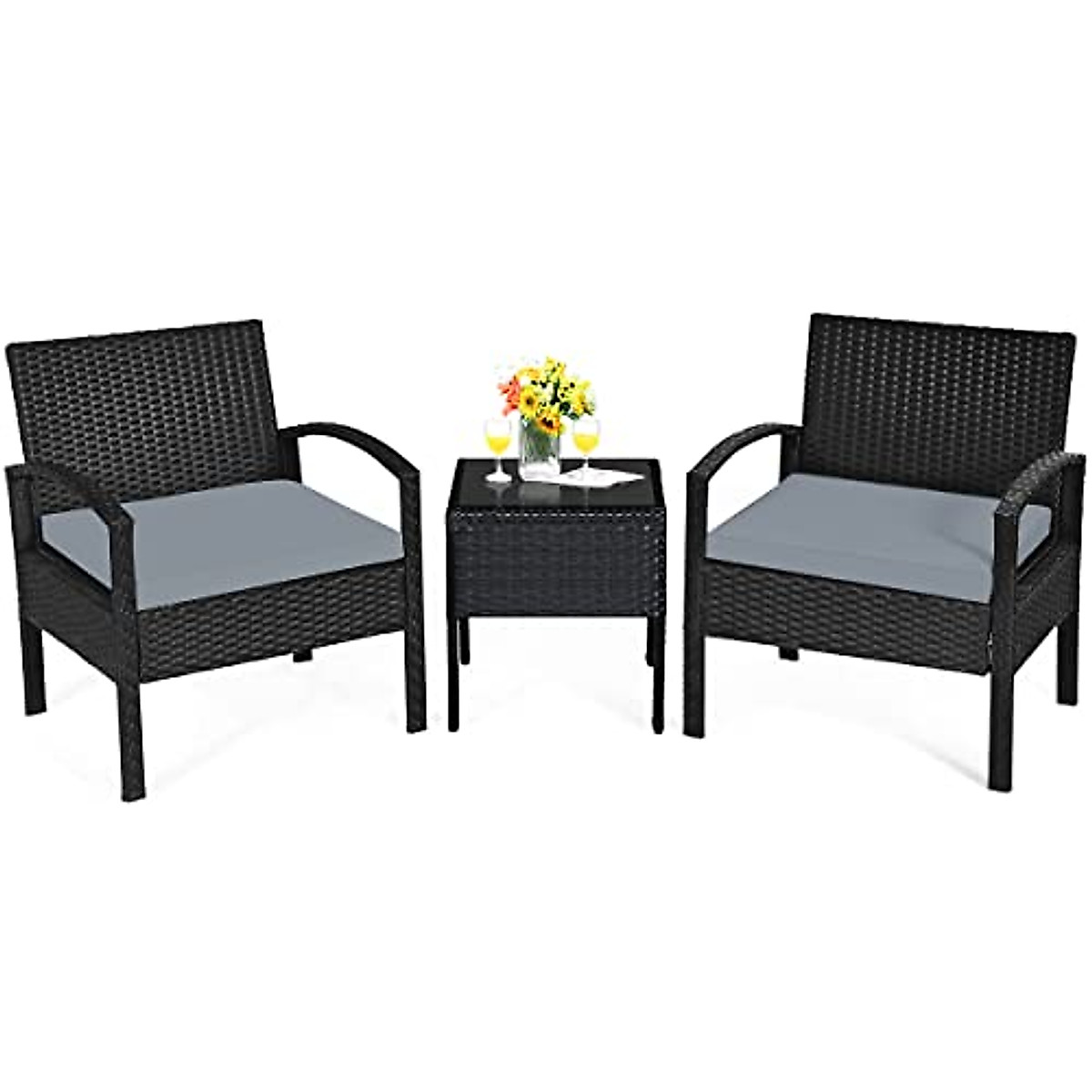 Tangkula 3 Piece Patio Conversation Set, Outdoor Rattan Sofa Set with Seat Cushions & Coffee Table, Patio Wicker Furniture Set for Garden Balcony Backyard Poolside (Grey)