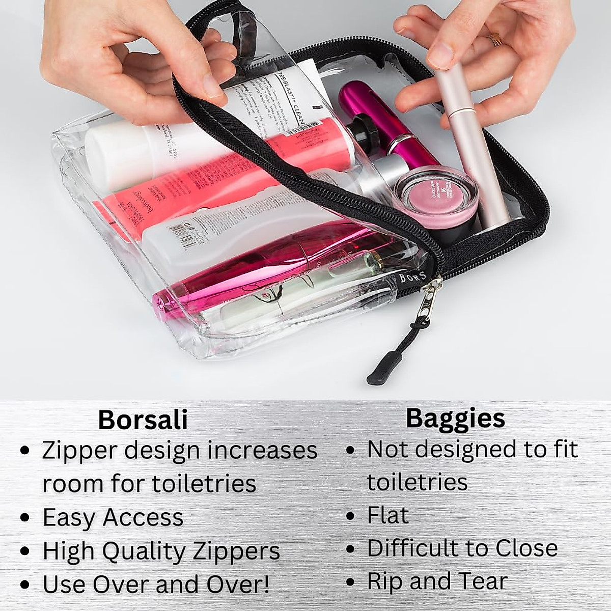 BORSALI TSA Quart Size Bag Approved for Carry On Travel - One (1) Quart Clear Toiletires, Cosmetic and 3-1-1 Liquids Toiletry Bag - 2 Pack