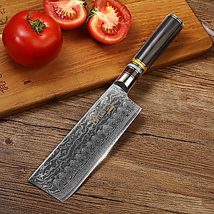 Bigsun Chef Gyutou Knife 67 Layers VG 10 Forged High Carbon Damascus Steel Kitchen cooking Knives with Resin Honeycomb Design Handle (7Inch Nakiri Knife, Brown)