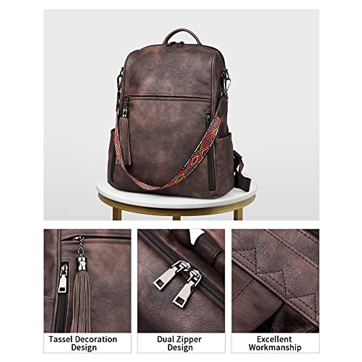 FADEON Leather Backpack Purse for Women Designer Travel Backpack Purses PU Fashion Ladies Shoulder Bag with Tassel Coffee