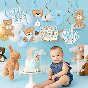 20pcs Blue Bear Baby Shower Party Hanging Swirls Decorations, We Can Bearly Wait Baby Shower Decorations for Boy, Foil Ceiling Swirls Teddy Bear Them Hanging Decor Streamers Birthday Party Supplies