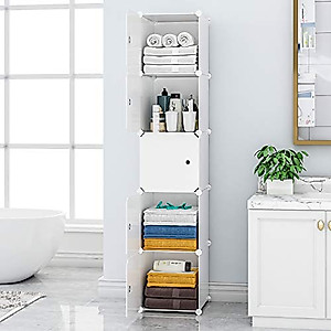 Aeitc Cube Organizer 5-Cube (11.8inx11.8in) Narrow Cabinet Closet Storage Shelves Plastic Storage Shelving for Bedroom, Living Room, Office, White with Doors