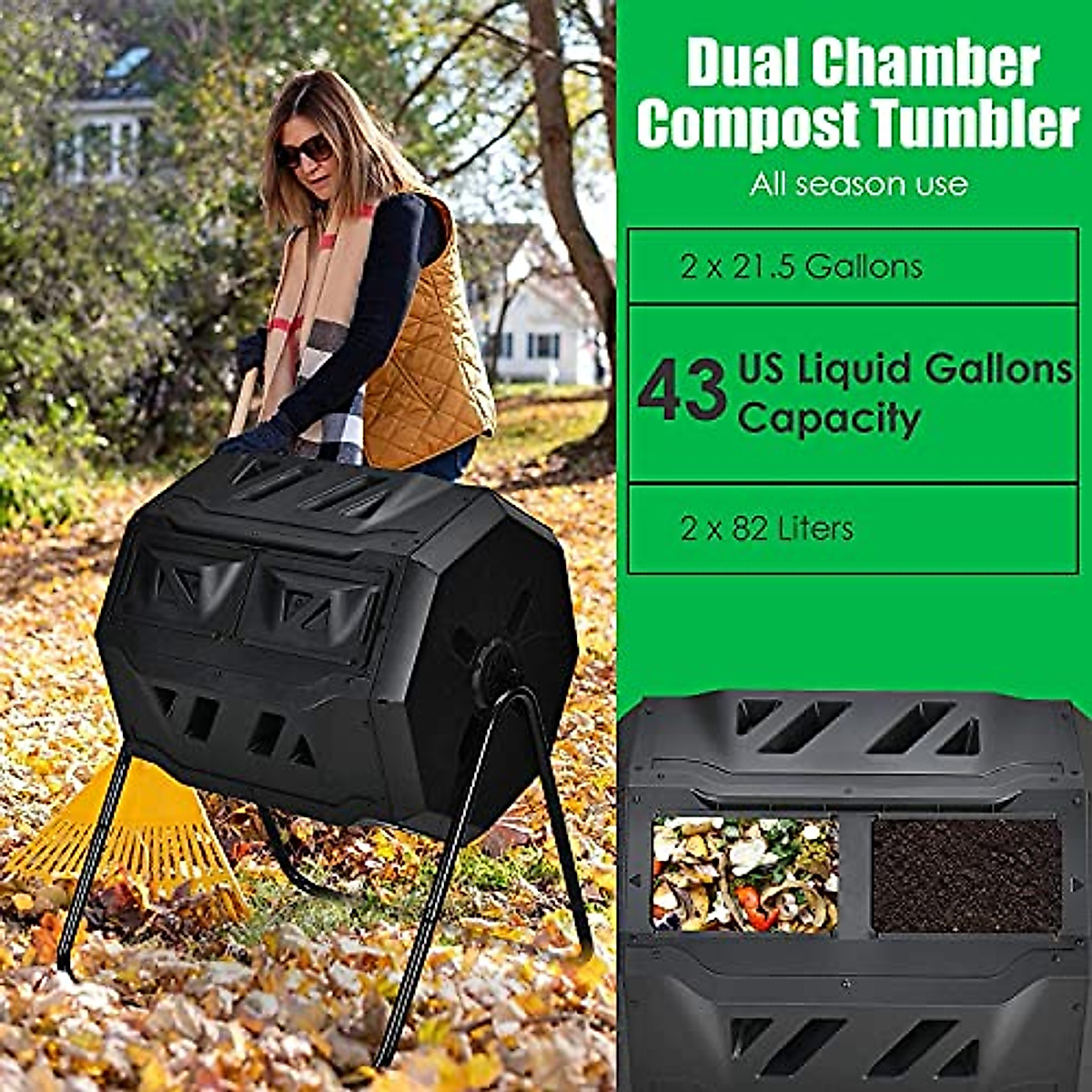 Squareful 43 Garden Compost Bin, 43 Gallon Dual Chamber, Composting Tumbler w/ 2 Sliding Doors & Steel Frame, Large Capacity, Rustproof for All Weather