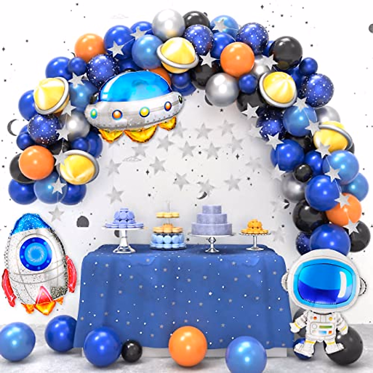 JOYYPOP Outer Space Balloon Garland Kit 118Pcs Outer Space Party Decorations with UFO Rocket Astronaut Balloons Sparkling Star Garland for Space Themed Birthday Party Supplies