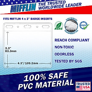 Mifflin-USA Card Protector (4x3 Inch, Clear, Bulk 100 Pack) Quick Load Horizontal No Zipper Name ID Badge Holder