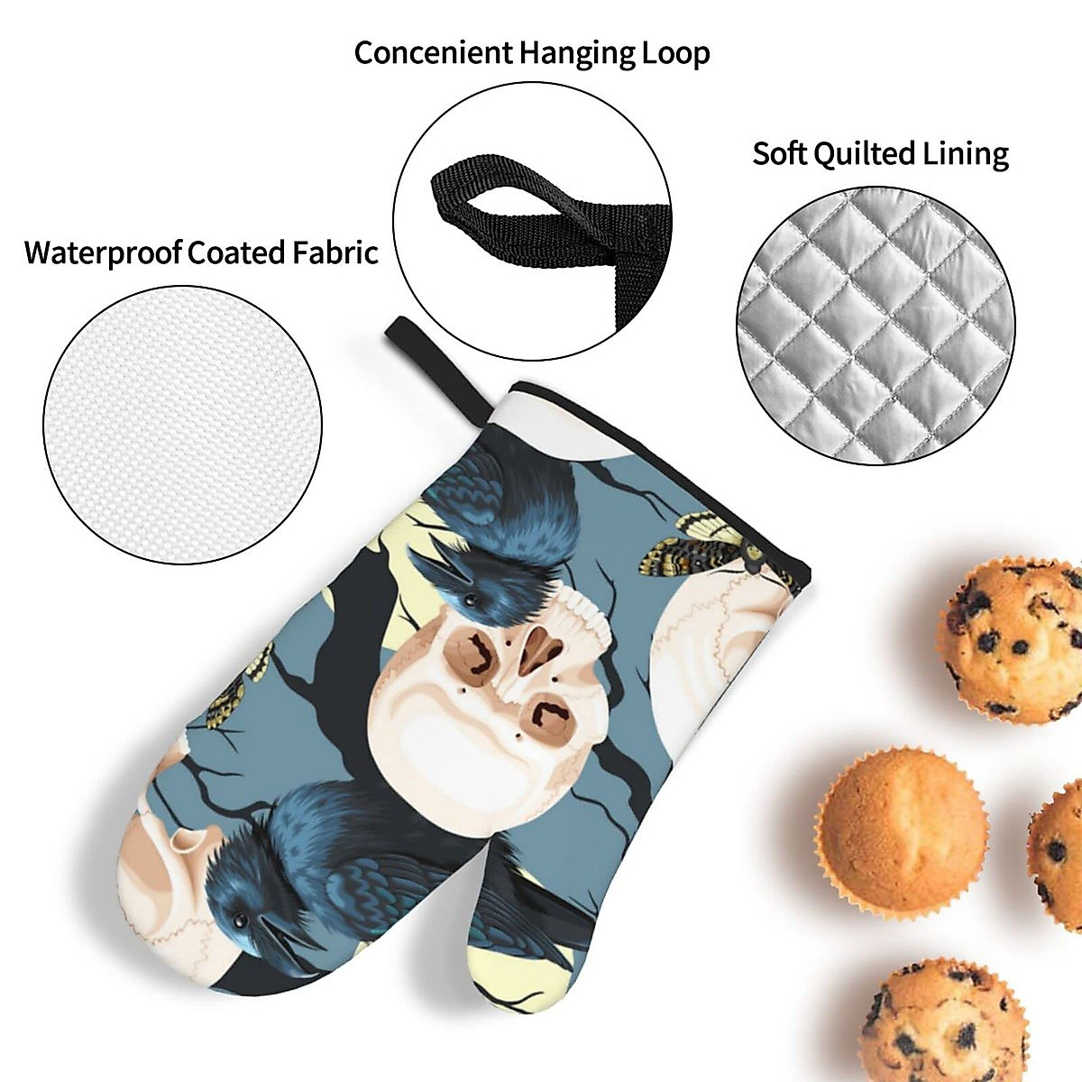 EZDNAGP 4pcs Oven Mitts and Pot Holders Sets Oven Kitchen Gloves Hot Pads for Cooking BBQ Baking Grilling - Raven Skull Bird Death Butterfly