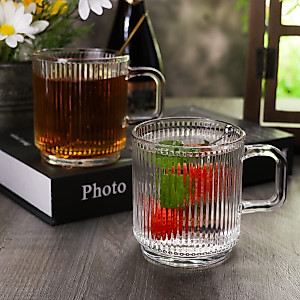 Ymyaye Clear Glass Coffee Mug Set of 4, 12 Ounces Ribbed Glassware with Spoon, Classic Vertical Stripes Tea Mugs for Soda, Latte, Espresso, Cappuccino, Gift for Birthday Holidays Wedding Anniversary