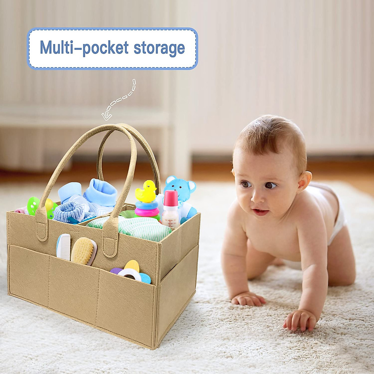 Esoes Diaper Caddy Organizer, Baby Diaper Caddy, Nursery Storage Basket Bin and Car for Diapers and Baby Wipes, Nappy Bags for Mom Toys Storage for Child (Beige)