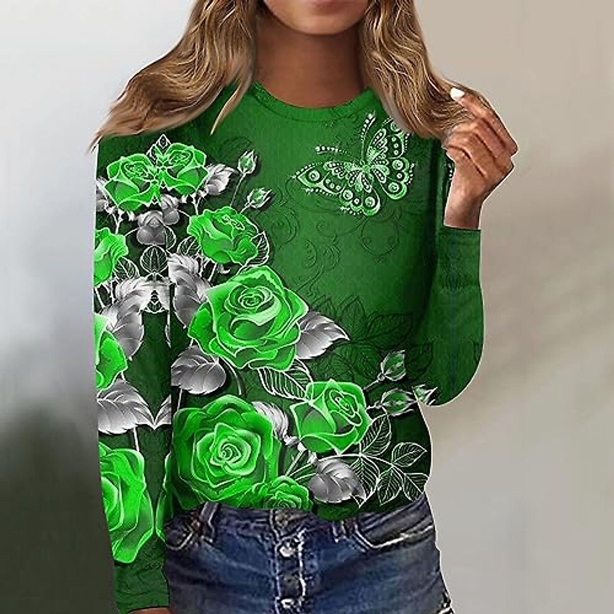Long Sleeve T Shirts for Women Round Neck Lightweight Sweatshirt Loose Casual Tops Colorblock Comfy Pullover Long Sleeve Shirts for Girls（4-Green,4X-Large）