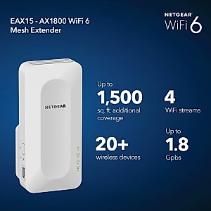 NETGEAR EAX15-100NAR AX1800 Dual-band WiFi 6 Mesh Extender Wall Plug - Certified Refurbished