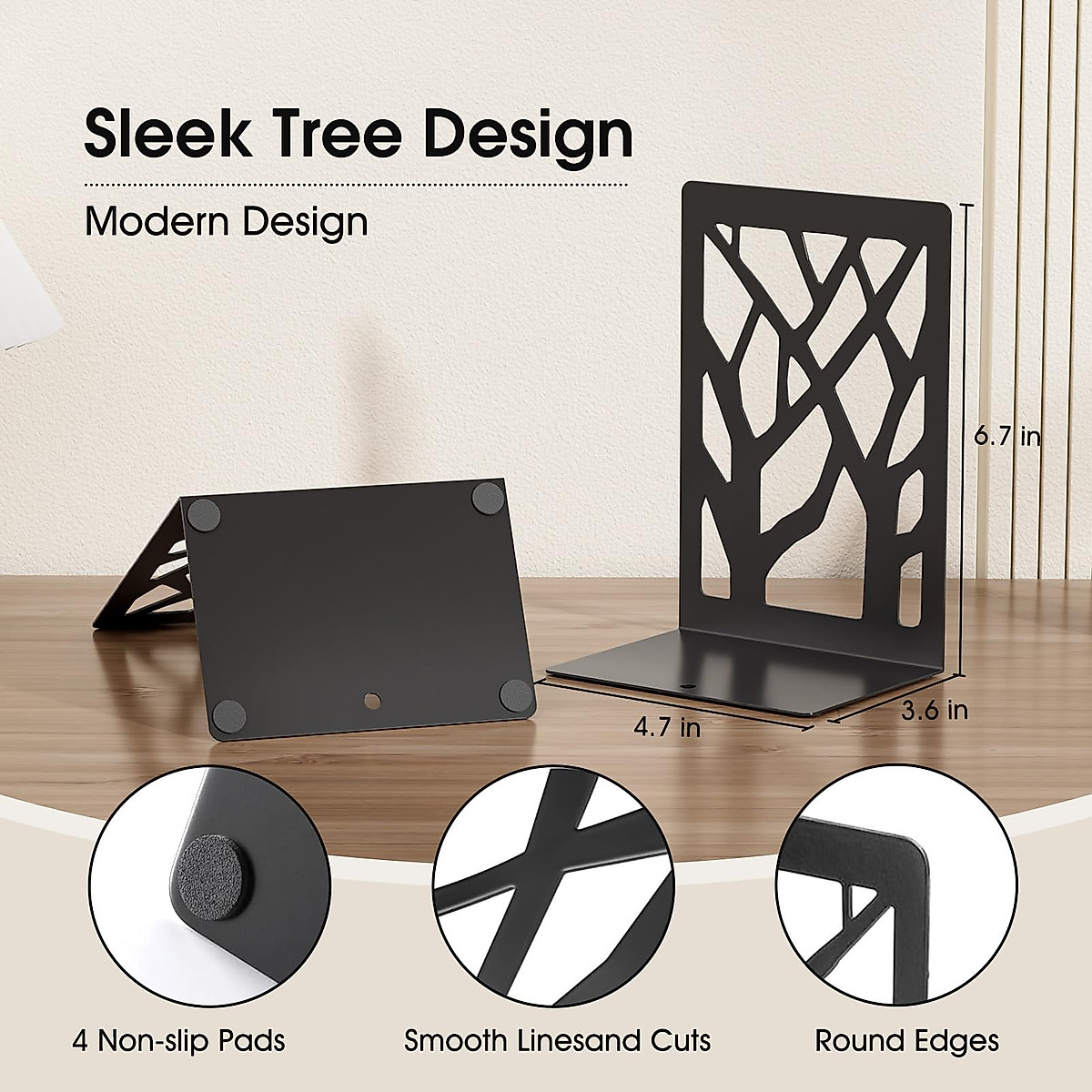 MaxGear Book Ends Tree Design Modern Bookends for Shelves, Non-Skid Bookend, Heavy Duty Metal Book Stopper for Books/CDs, Decorative Book Shelf for Home, 7 x 4.7 x 3.5”, Black (2 Pair/4 Pieces, Large)