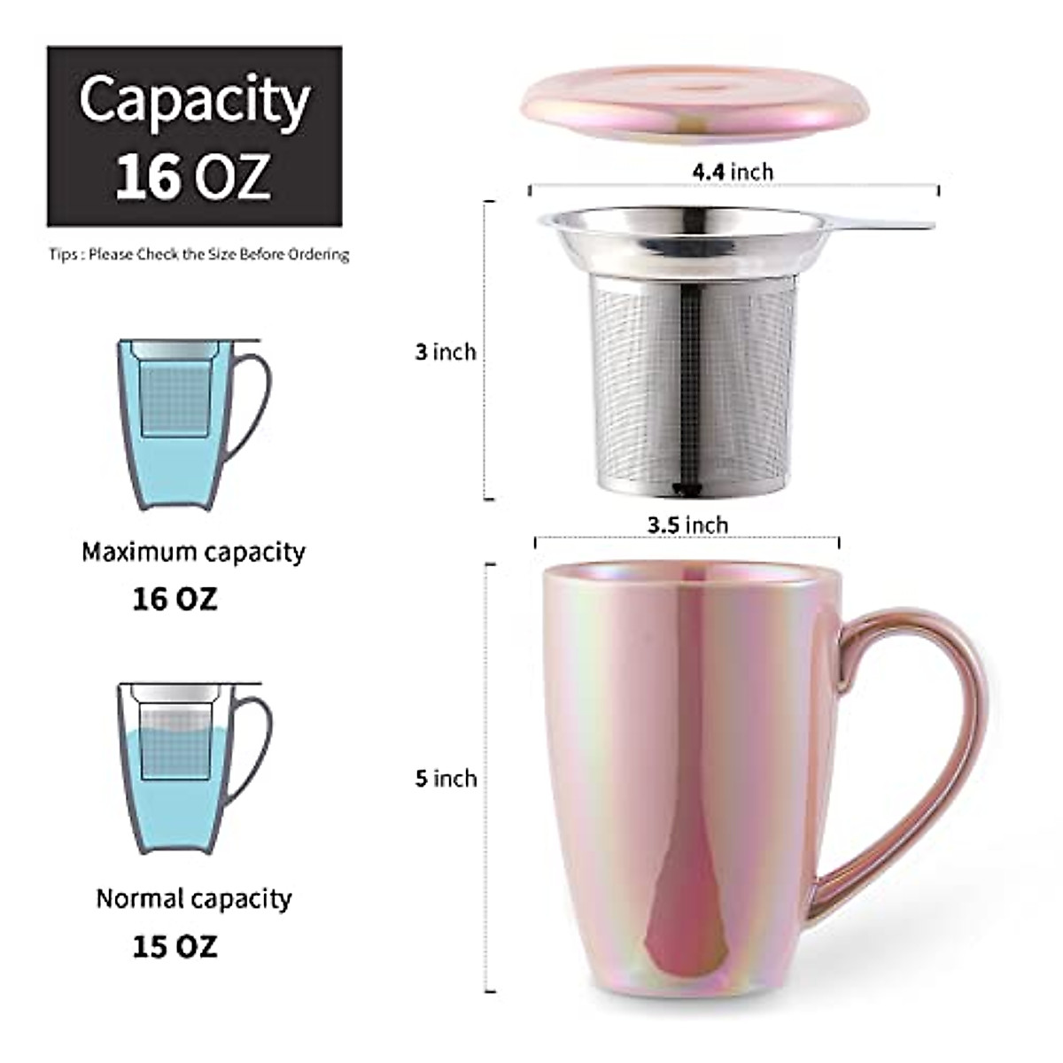 Jemirry Tea Cup with Infuser and Lid, Ceramic Cup with Lid, Tea Cup Tea Mug for Tea Lover, Porcelain Tea Strainer Cup, Tea Infuser Cup with Infuser Basket and Lid - Pink
