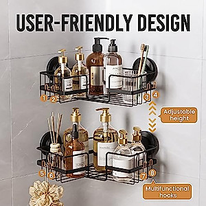 LEVERLOC Corner Shower Caddy Suction Cup with Hooks 2 Pack No-Drilling Rotating Removable Shower Caddy Basket, Stainless Steel Shower Shelves,Rustproof Organizer for Bathroom Storage,Black