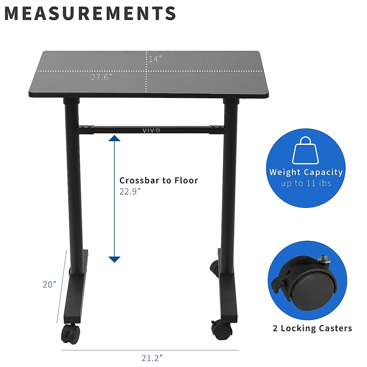 VIVO Height Adjustable 28 x 14 inch Standing Desk Cart for Laptop Office Work, Stationary Training Exercise Bike Use, Small Mobile Workstation with Locking Wheels, Black, CART-V01BK