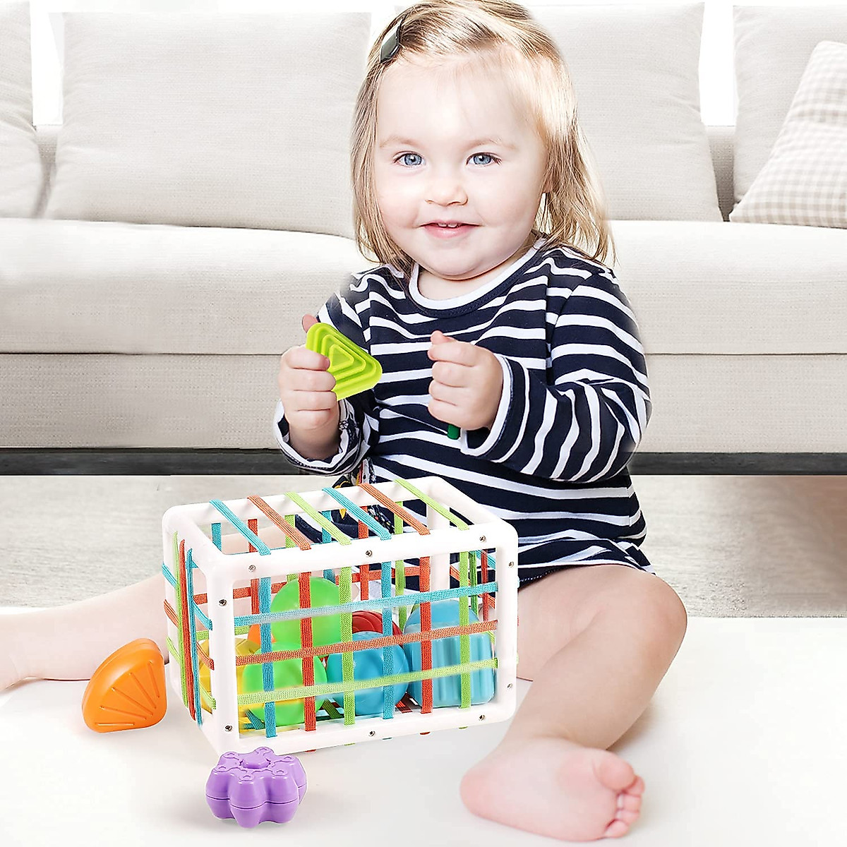 Tiyol Shape Sorter One Year Old Toys, Developmental Montessori Learning, Storage Cube Bin & 6 Sensory Shape Blocks, Fine Motor Skills, Birthday Gifts Toddler Boy Girl Age 1 2 3 (+6 Ocean Balls)