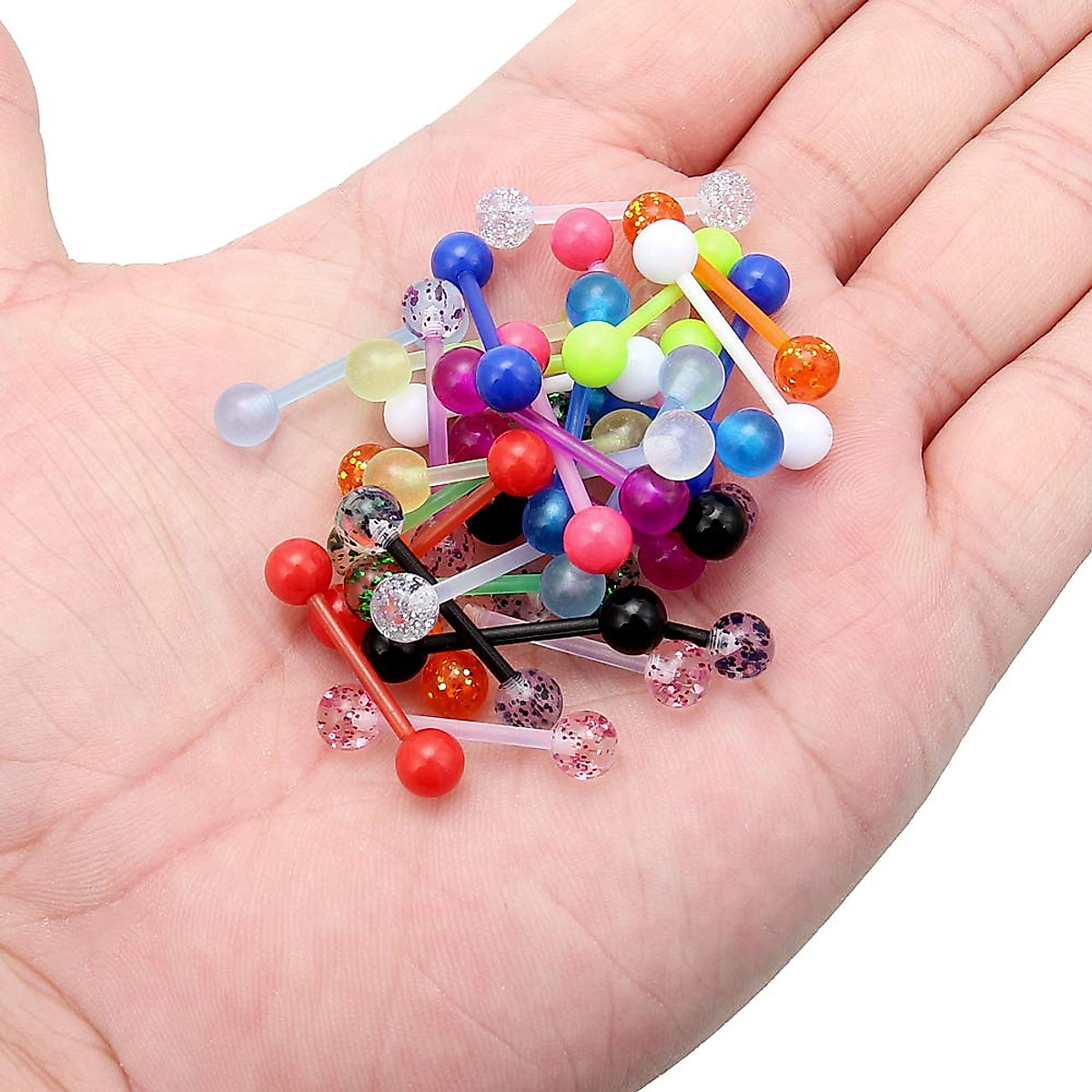 Lcolyoli 36Pcs 14G Glow in Dark Flexible Bioflex Acrylic Straight Tongue Barbell Nipple Ring Nipplerings Retainer Piercing Jewelry for Women Men 16mm Bar