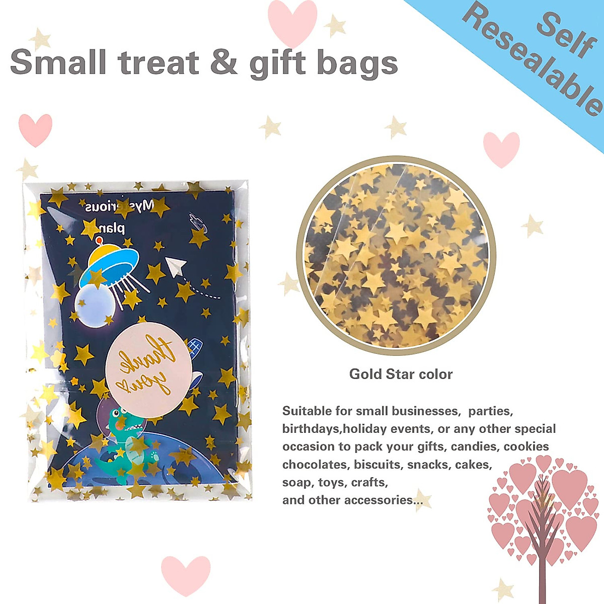 COQOFA 100 Pcs Star Printed Sealable Gift Wrap Cello Cellophane Bags Self sealing Adhensive Treat Bags Party Favor bags (4x6inch, Gold)…