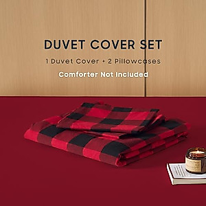 Wake In Cloud - Gingham Cotton Duvet Cover Set, Plaid Buffalo Check Checkered Farmhouse, 100% Washed Cotton Textured Percale Bedding Set, 3 Pieces, Red Black, California King Size