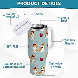 MCHIVER Corgis Dog Hearts 40 oz Tumbler with Handle and Straw Stainless Steel Vacuum Water Bottle Leak-proof Travel Coffee Mug Insulated Cup for Home Office Car
