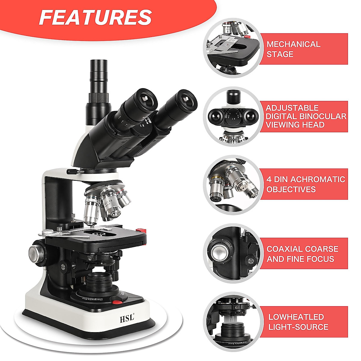 HSL Compound Trinocular Microscope Professional,40x-2500x Biological Microscopes for Adults Laboratory,Micro Scope microscopepio 1000x 400X LED WF10x and WF25x eyepieces Abbe Condenser