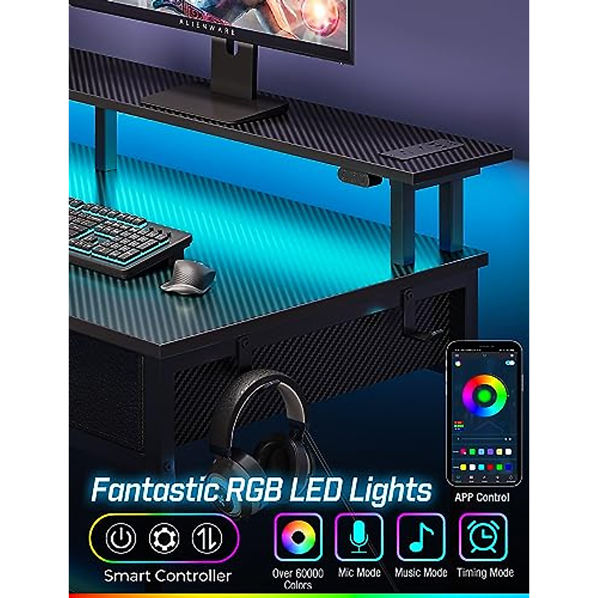 Rolanstar Computer Desk with Power Outlets & LED Light, 47 inch Home Office Desk with 3 Drawers and Storage Shelves, Writing Desk with Monitor Stand, Modern Work Desk for Home Office, Carbon Black