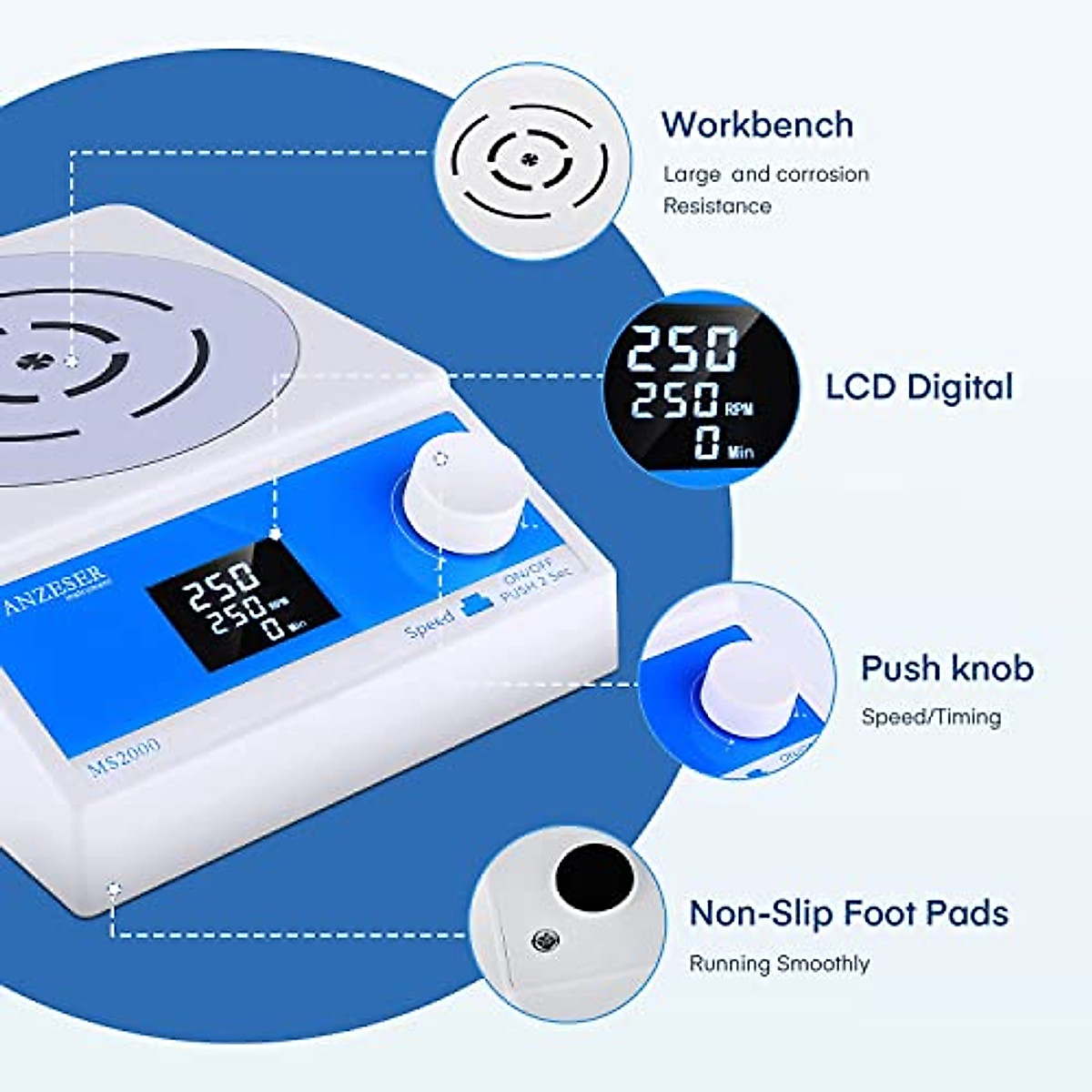 ANZESER Magnetic Stirrer w/Timer, Magnetic Stir Plate w/LCD Display, 3.5L Digital Magnetic Mixer, Lab Stirrers w/Stir Bar (No Heating) (Blue)