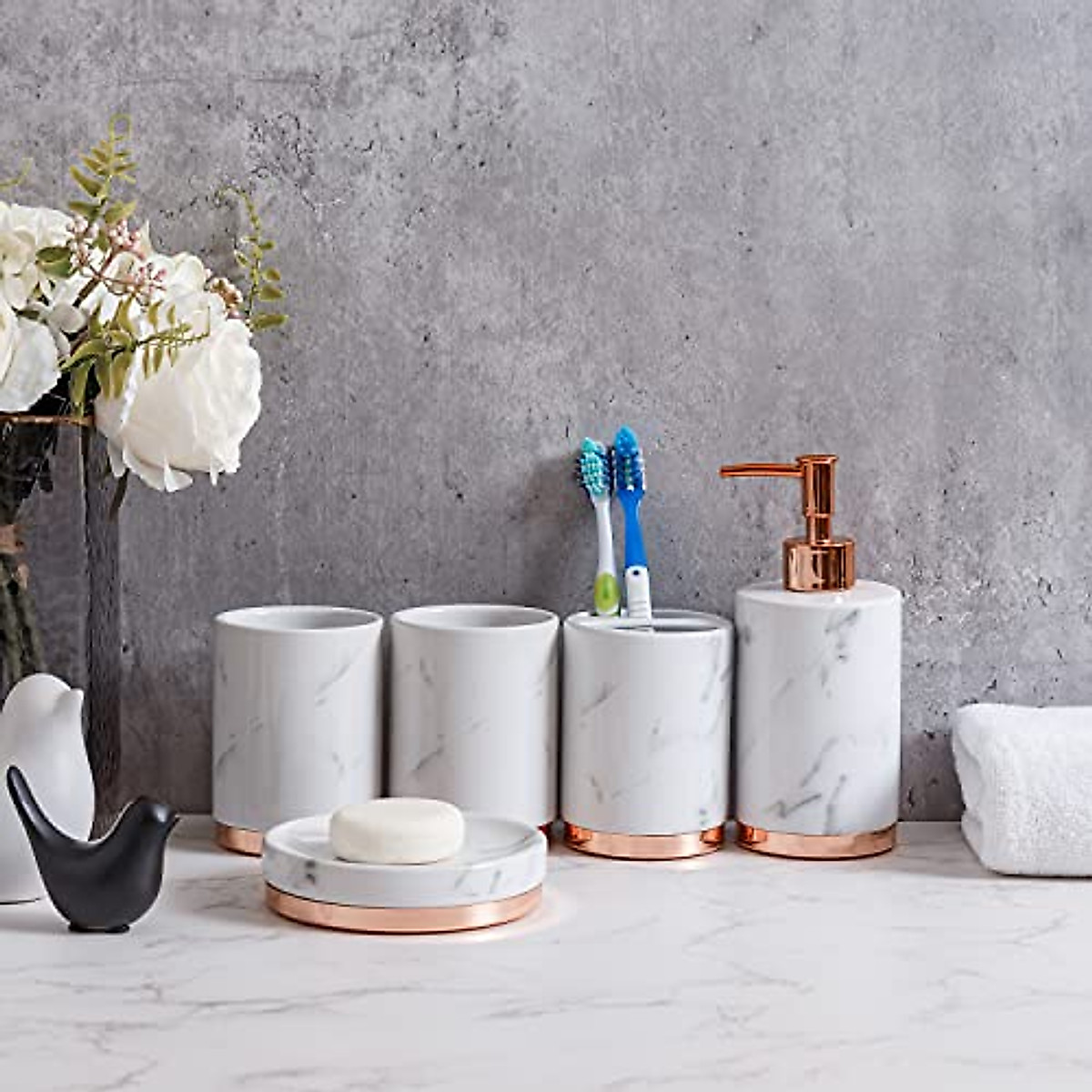 MyGift 5 Piece Modern White Ceramic Bathroom Accessory Set with Marbled Design and Rose Gold Accents, Includes Lotion Pump Dispenser, Toothbrush Holder, Tumbler and Soap Dish