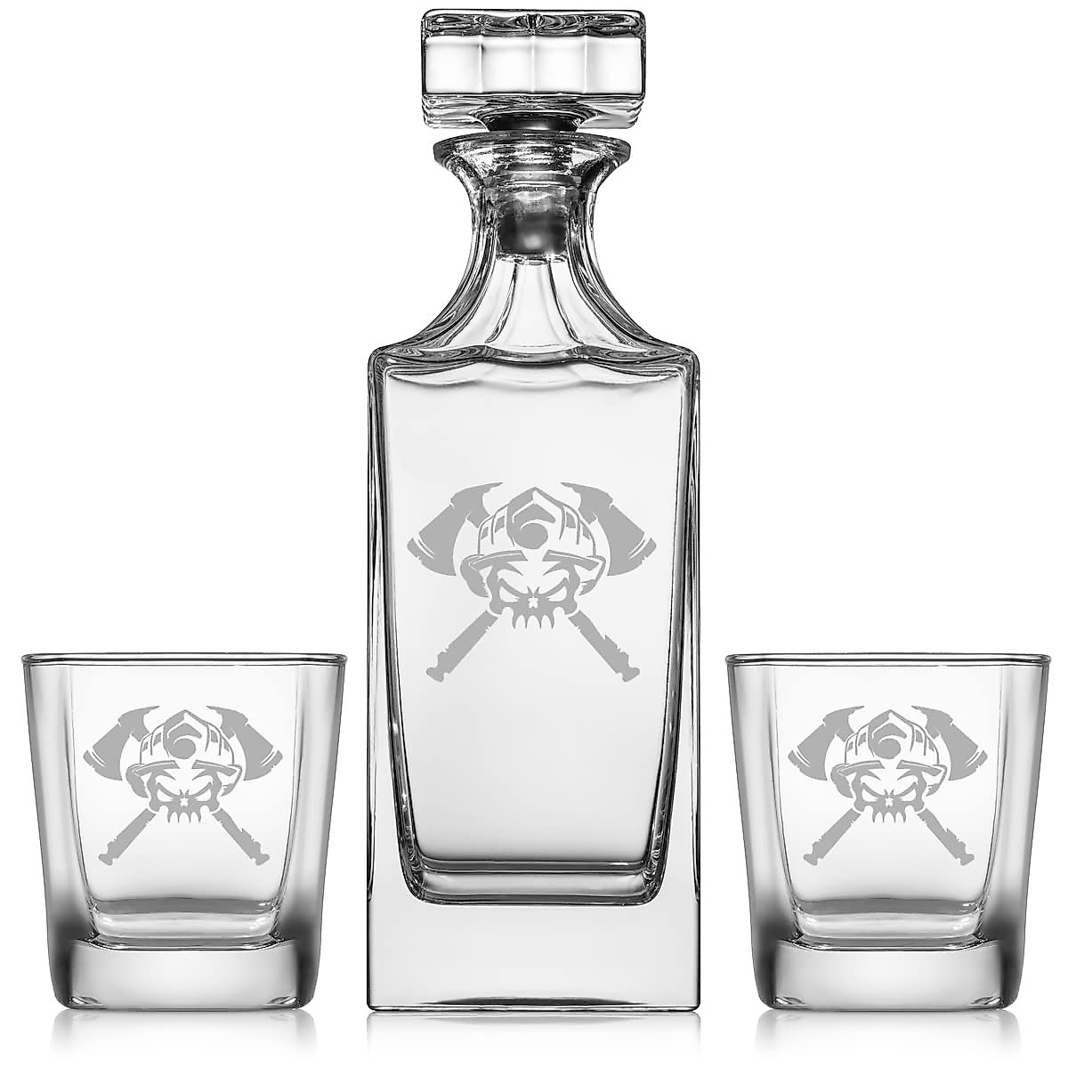 Whiskey Decanter Gift Set With 2 Whiskey Old Fashioned Rocks Glasses Firefighter Skull