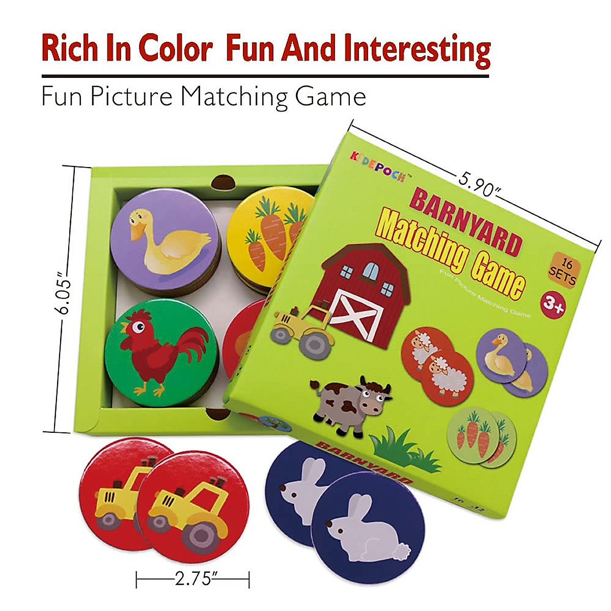 KiDEPOCH Memory Match Game – 16 Matching Pairs Preschool Memory Games Featuring Barnyard Element, Non Toxic Educational Memory Matching Game, Perfect for Kids, Toddlers, 3 Year Old or Up