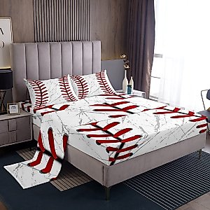 Erosebridal Baseball Bed Sheets for Boys,Red White Baseball Sheet Set for Kids,Grunge Ball Print Bedding Set,Sports Game Fitted Sheet + Top Sheet Soft + 2 Pillowcases Wrinkle Free,Full Size
