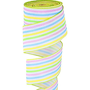 20 Yards Easter Spring Stripe Wired Edge Ribbons 2.5 Inch Stripe Burlap Ribbons Wired Easter Ribbon Easter Ornament Hanging Decorations for Easter Wrapping DIY Crafts Decoration