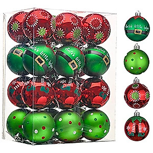 Valery Madelyn Christmas Ornaments Set, 24ct Elf Red Green White Shatterproof Christmas Tree Decorations Set, 2.36 Inch Decorative Hanging Ball Ornaments Bulk for Xmas Holiday Party Indoor Decor