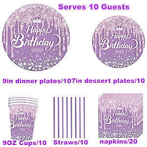 DISRUB Purple Birthday Party Supplies, Complete Pack Purple Party Tableware Including Purple Birthday Plates, Cups, Napkins Straws Serves 10 for Birthday, Baby Shower, Party Decorations