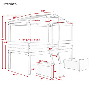 Merax Junior Wood Loft House Bed with Ladder/Drawers, Low Loft Bunk Bed for Girls Boys,No Box Spring Needed/Space Saving Twin Size White