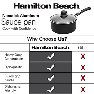 Hamilton Beach Nonstick Covered Sauce Pan 3-Qt - Black Aluminum Saucepan with Soft Touch Bakelite Handle & Glass Lid - Flared Edge - Spiral Bottom, Multipurpose Use - Durable & Dishwasher Safe
