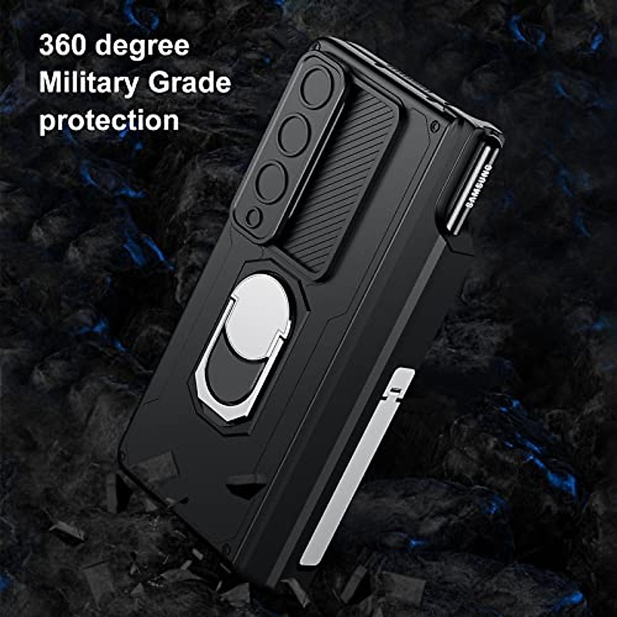 Libeagle Compatible with Samsung Galaxy Z Fold 4 Case [Heavy Duty Protective][Camera Lens Cover][S Pen Holder & Hinge Protection][Screen Protector][Safe to Hold with Ring] Rugged Stand 5G 2022-Black