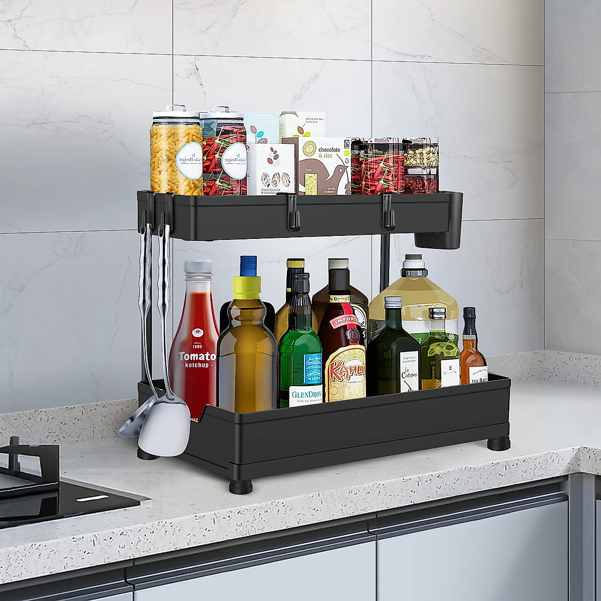 Verdenu Under Sink Organizer and Storage, 2-Tier Pull Out Organizer with Sliding Drawer, Cabinet Organizer with Extra 4 Hooks and 1 Hanging Cup for Under Kitchen Sink, Bathroom, Office