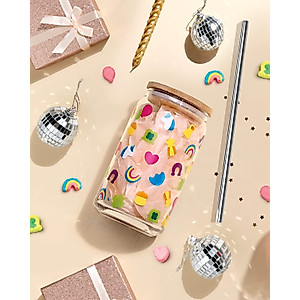 Nefelibata Lucky Charm Iced Coffee Glass Cup Beer Can Glass 16oz with Bamboo Lid and Metal Straw Feeling St. Patrick's Day Drinking Glasses Preppy Smoothie Tumbler Mug Modern Coffee Gift Idea