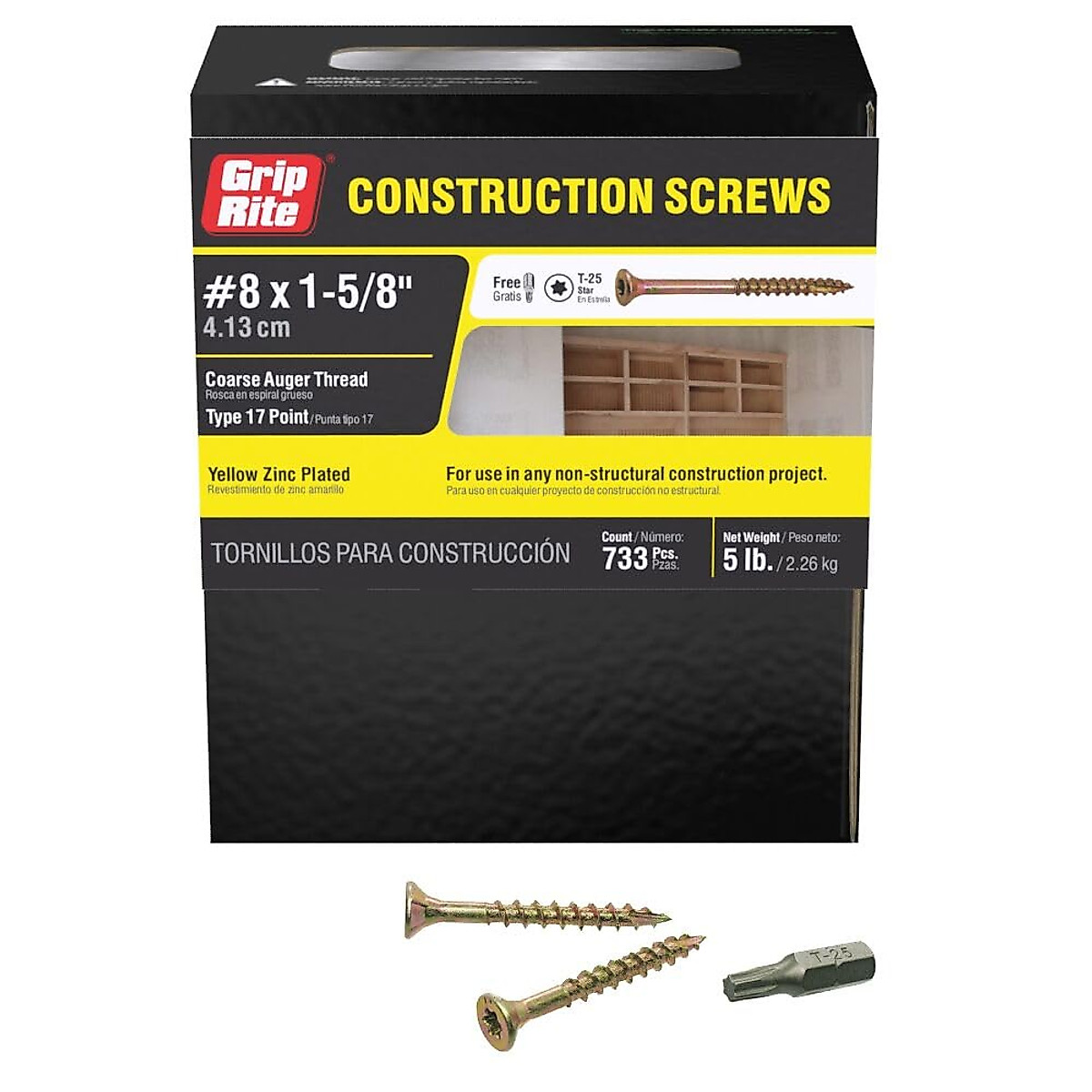 Grip-Rite 158GCS5 #8 x 1-5/8" Star Drive Gold Construction Wood Screw, 5lb Box