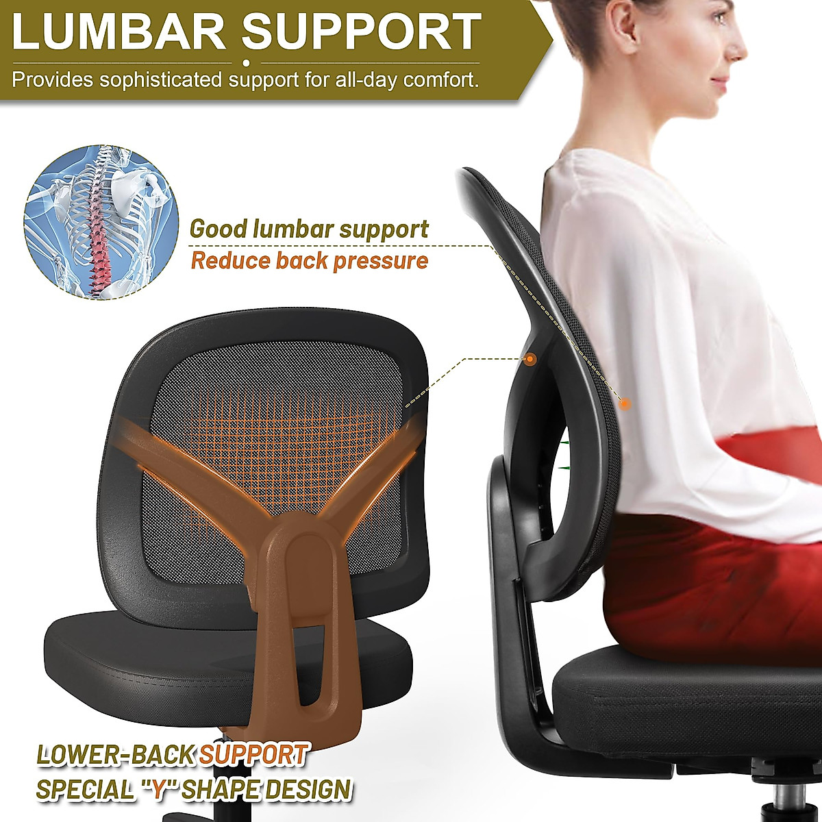 Armless Mesh Small Home Office Computer Desk Chair Without Arms with Lumber Support and Adjustable Height for Child and Adult