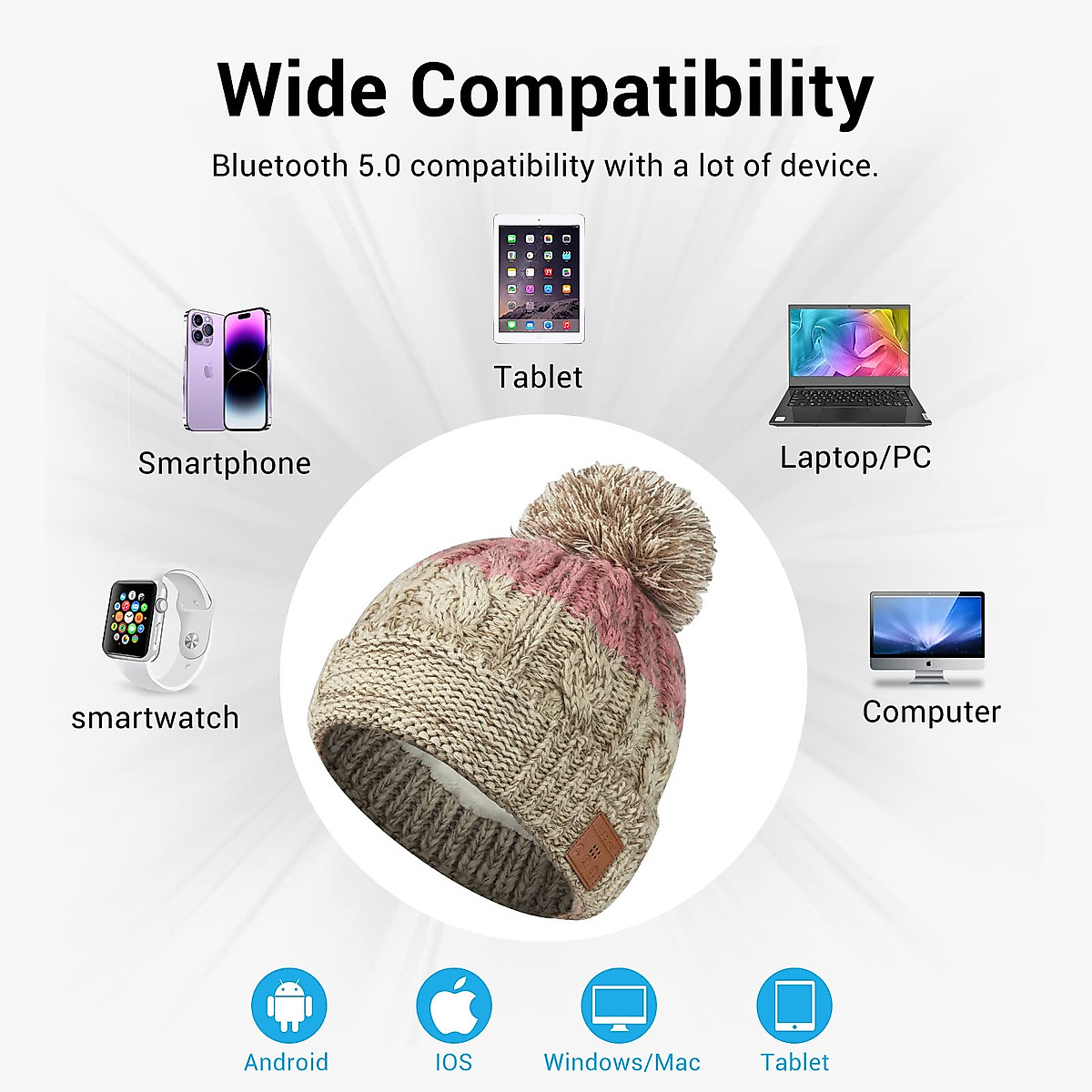 Bluetooth Beanie for Women, Wireless Knit Winter Cap, Built in Microphone and HD Stereo Speakers, Beanie Hat with Headphones for Outdoor Homes and Gifts (Khaki & Pink)