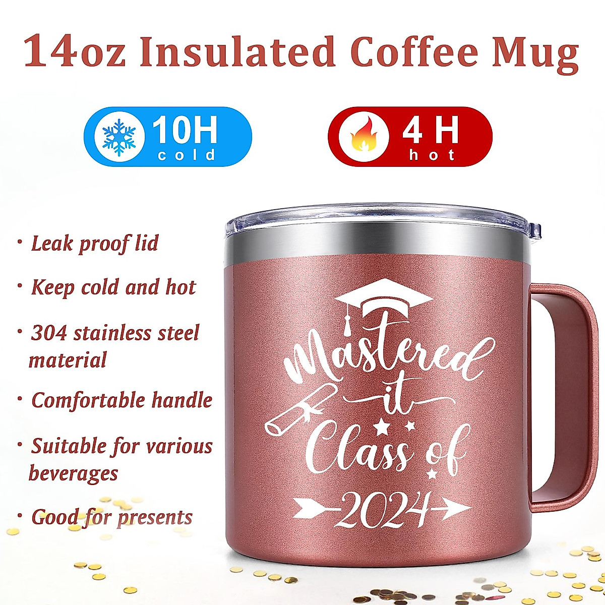 Lifecapido Graduation Gifts, 2024 High School College Masters Degree PHDGraduation Gifts for Her Daughter Niece Friends, Mastered It Class of 2024 Insulated Coffee Mug with Spoon (14 oz, Rose Gold)