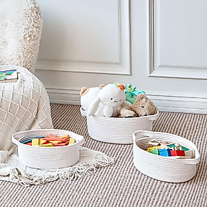 R RUNKA White Storage Basket Set of 3, Soft Woven Cotton Rope Shelf Baskets with Handles,Organizer Basket Sets for Laundry, Toys, Books and Towels