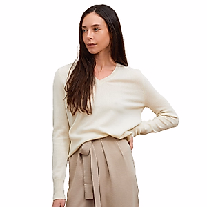 State Cashmere Women’s Essential V-Neck Sweater 100% Pure Cashmere Classic Long Sleeve Pullover (Undyed White, Large)