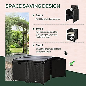 Outsunny 9 Piece Patio Wicker Dining Sets, Space Saving Outdoor Sectional Conversation Set, with Dining Table, Ottoman and Chair & Cushioned for Lawn Garden Backyard, Black