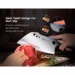 Multifunction Chinese Chef Knife, 7.7 Inch Meat Cleaver With Herb Stripper And Sheath, Butcher Knife Heavy Duty Bone Chopper, Slicing Vegetables, Damascus Pattern Full Tang Wood Handle Design